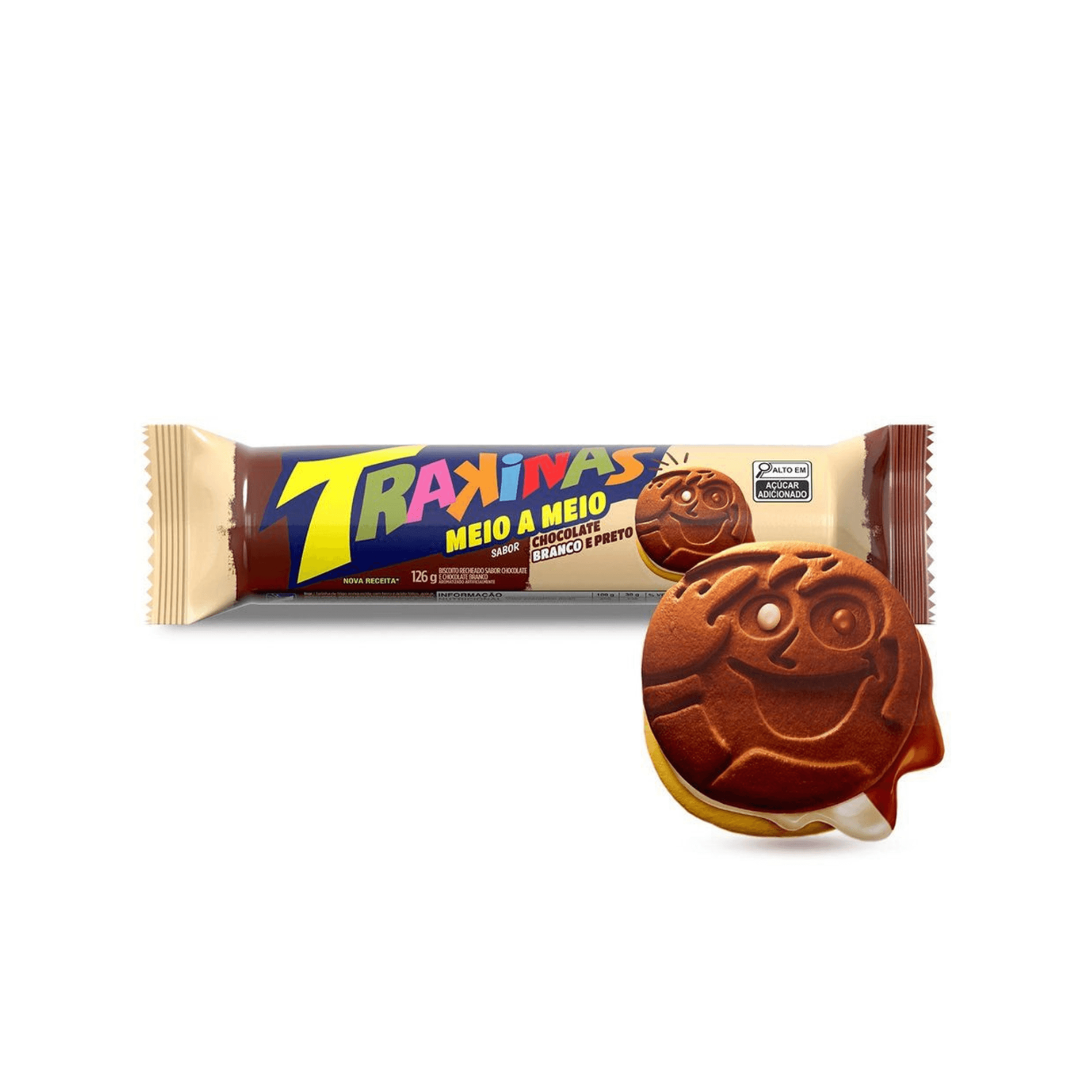 Biscoito Recheado Trakinas Meio a Meio chocolate ao leite e branco 126